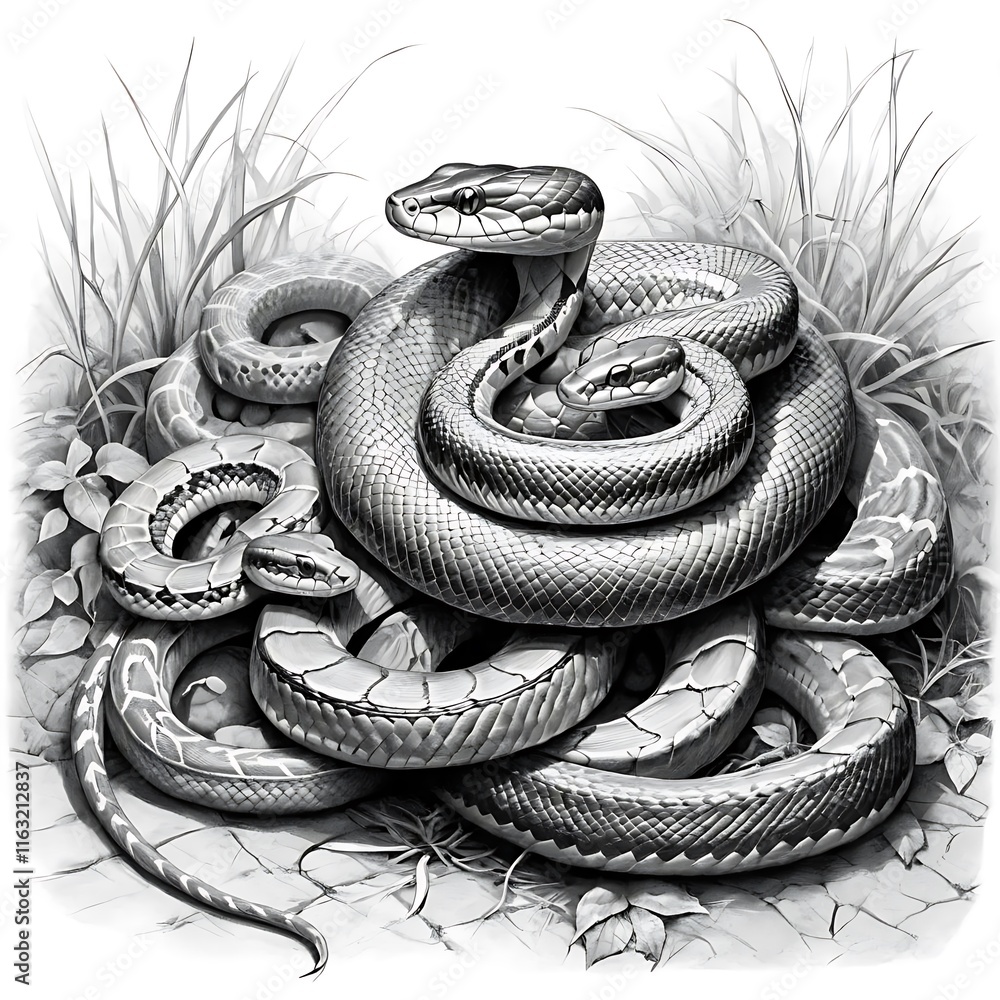 Intricate Black and White Illustration of Several Snakes Intertwined in ...