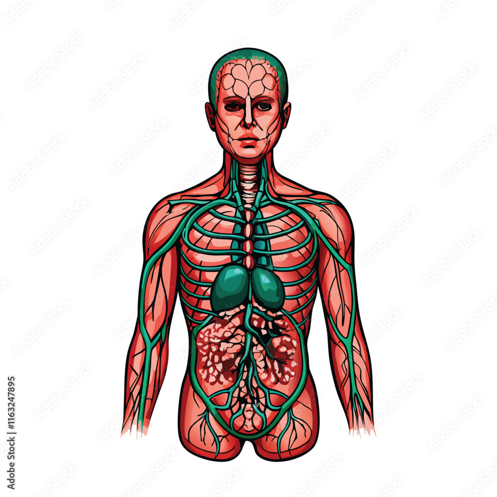 Create a detailed vector illustration of the human lymphatic system ...