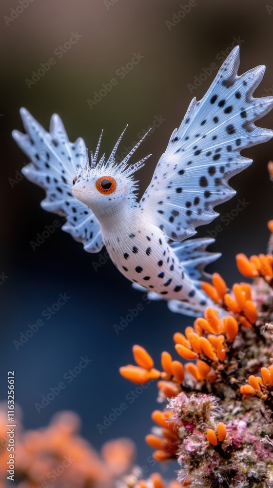 Blue Dragon Sea Slug with Spotted Wings Hovering Above Vibrant Orange ...