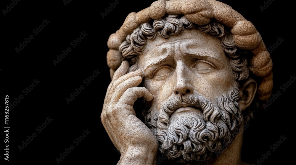 Marcus Aurelius Contemplation: A close-up, dramatic shot of a marble ...
