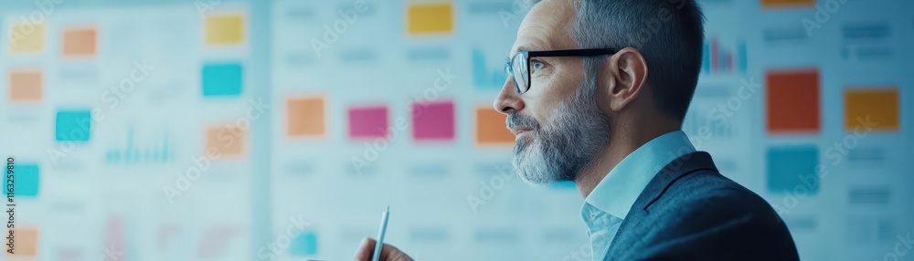 Manager guiding a team discussion with transparency charts, open ...