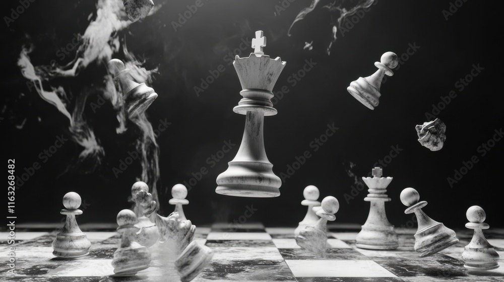Chaos on the Chessboard: A Dramatic Black and White Image of Falling ...