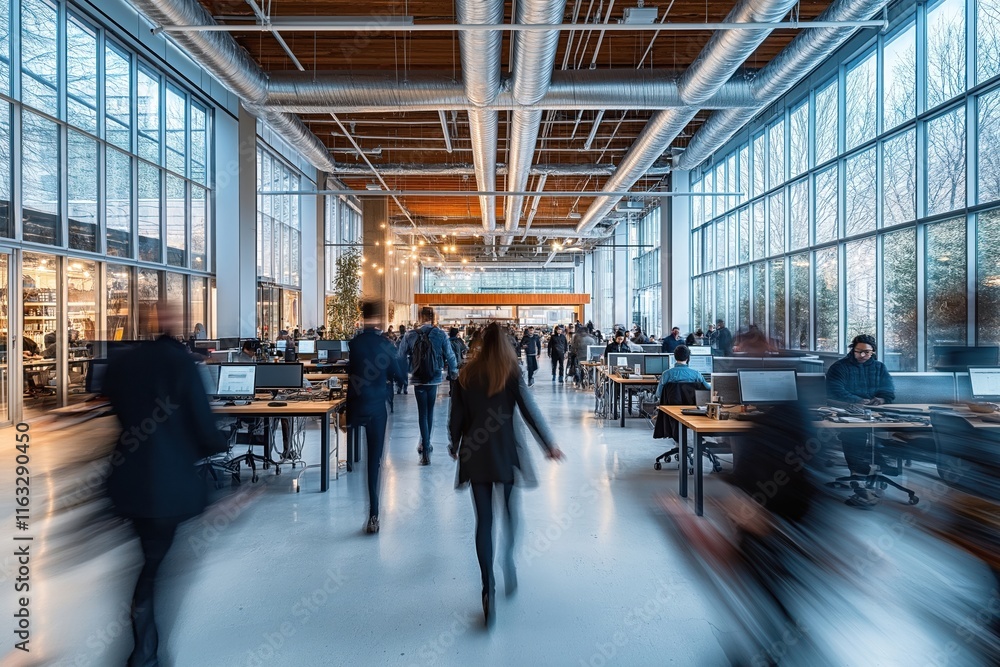 Busy modern office interior shows many people walking. Open plan ...