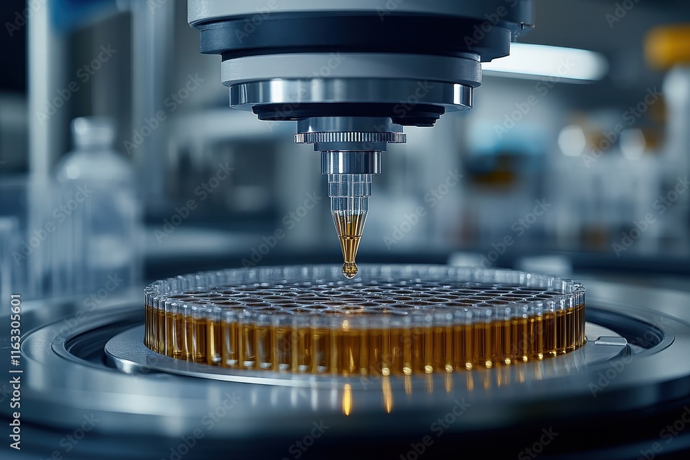 Automated liquid handler dispensing liquid into sample vials ...