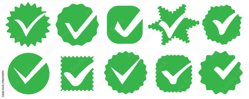 Green checkmark icons. Check mark circle square,star and elips set ...