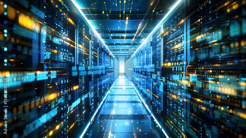 futuristic depiction of a data center, showcasing the immense scale and ...