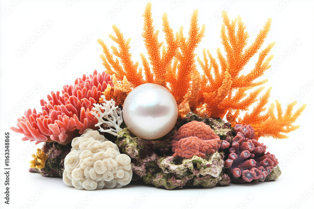 Colorful coral reef display with a large pearl surrounded by various ...