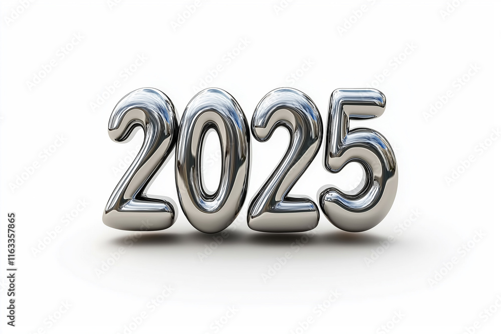 Number 2025 in 3d rendering made of shiny metal, floating in the air on ...