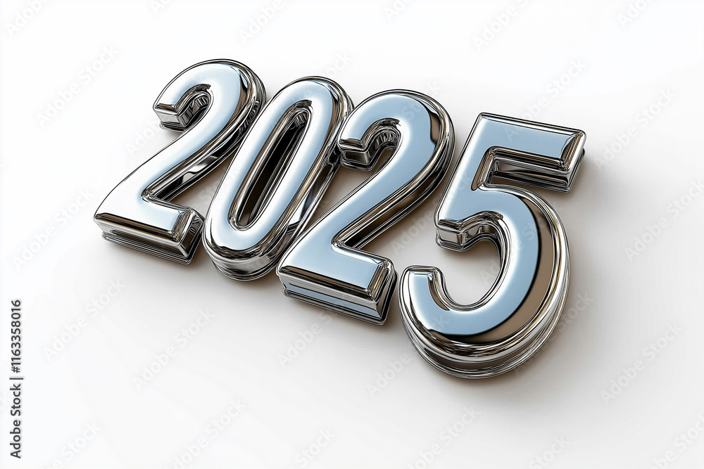 Number 2025 in 3d rendering made of shiny metal, floating in the air on ...