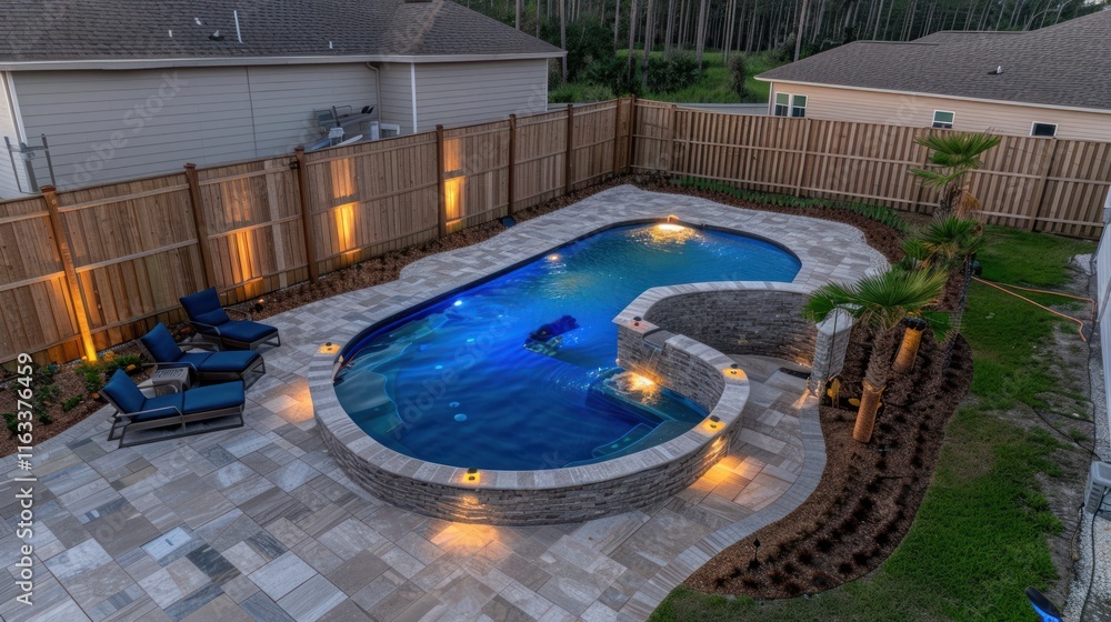 Ilustración de Stock Night view of a modern freeform swimming pool with ...