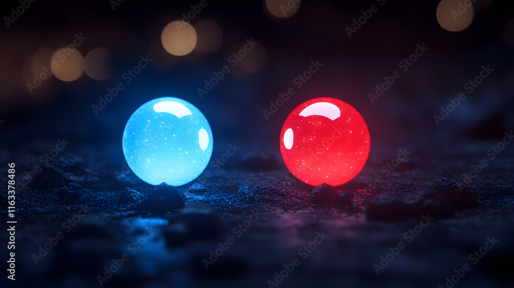 Ilustración de Stock Two glowing orbs, one red and one blue, are shown ...
