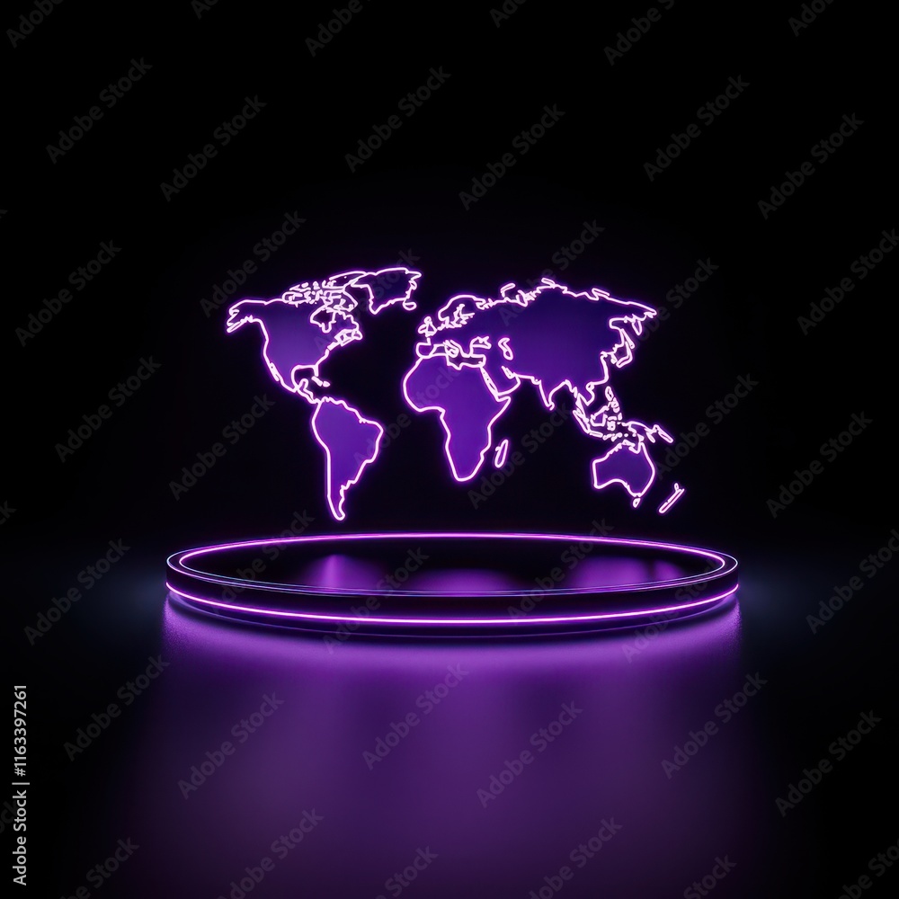 Neon world map glowing in purple light on a dark background ...