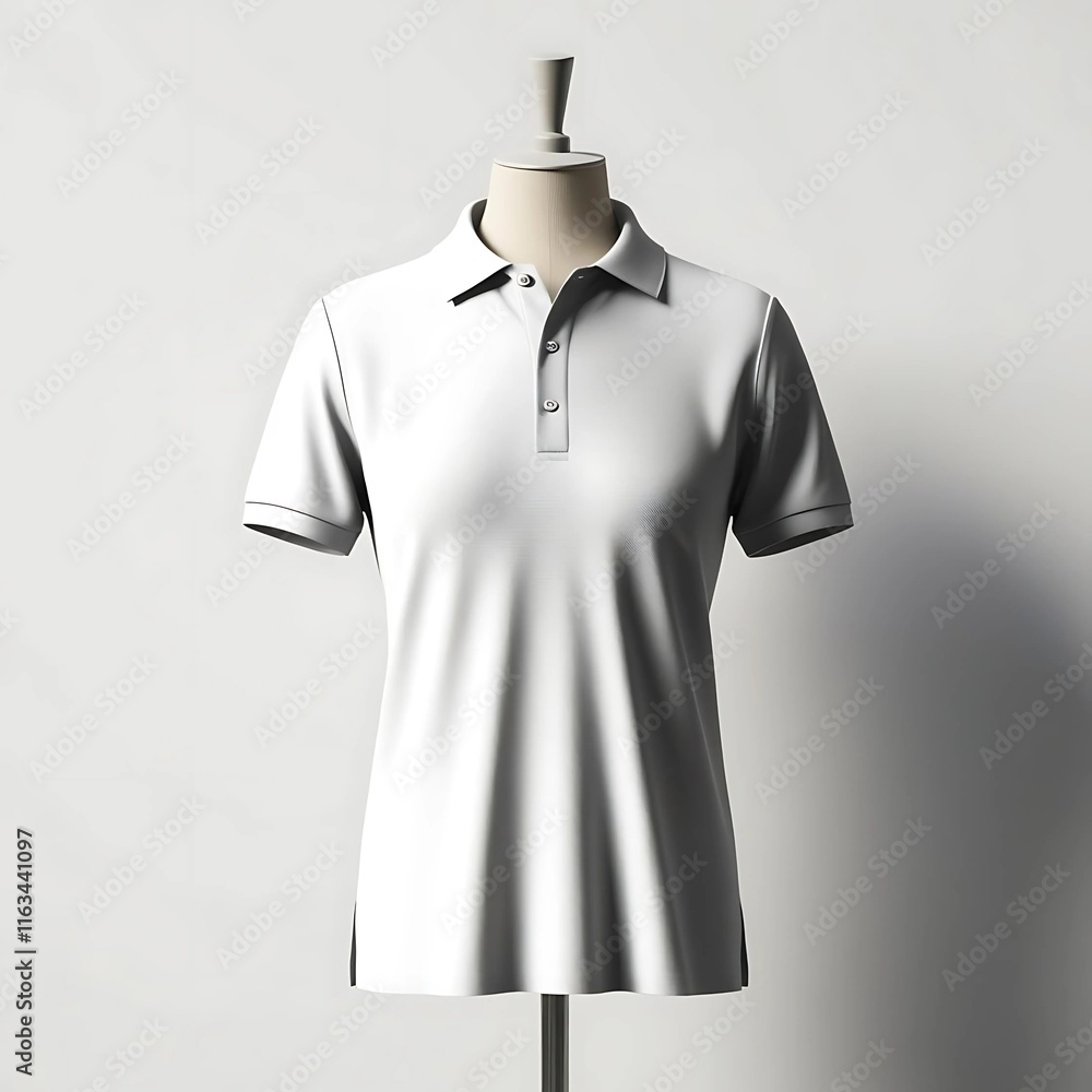 A white polo shirt displayed on a mannequin against a plain background ...