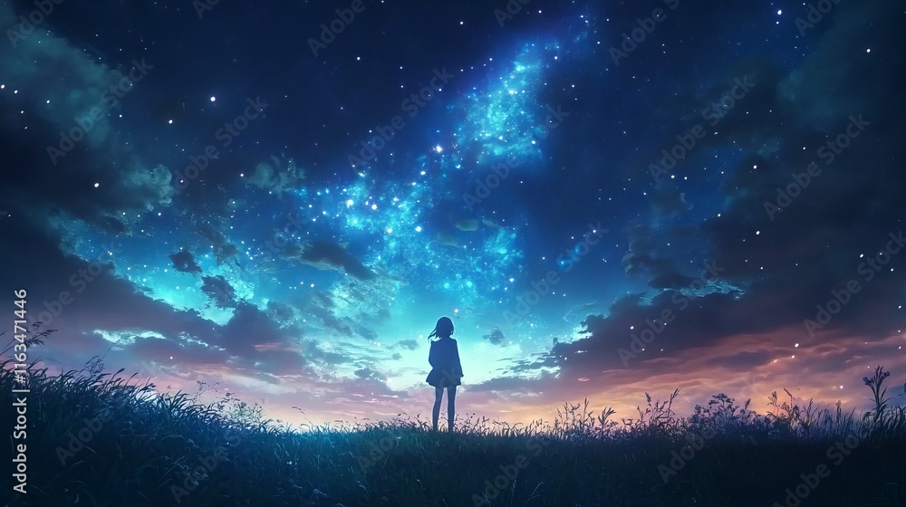 Enchanting anime girl in luminescent dreamscape beneath a starry night ...