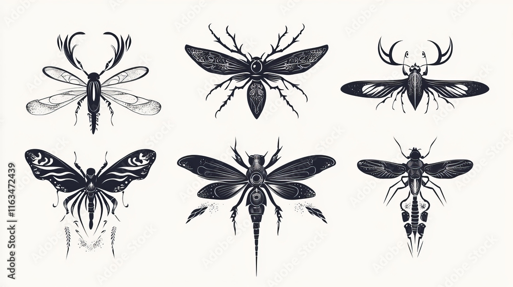 Insect tattoos in tribal style isolated on white background. Vector ...
