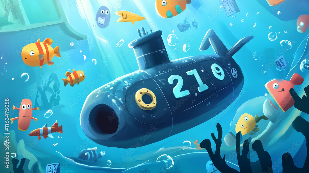 Math game cartoon underwater submarine and bathyscaphes vector ...