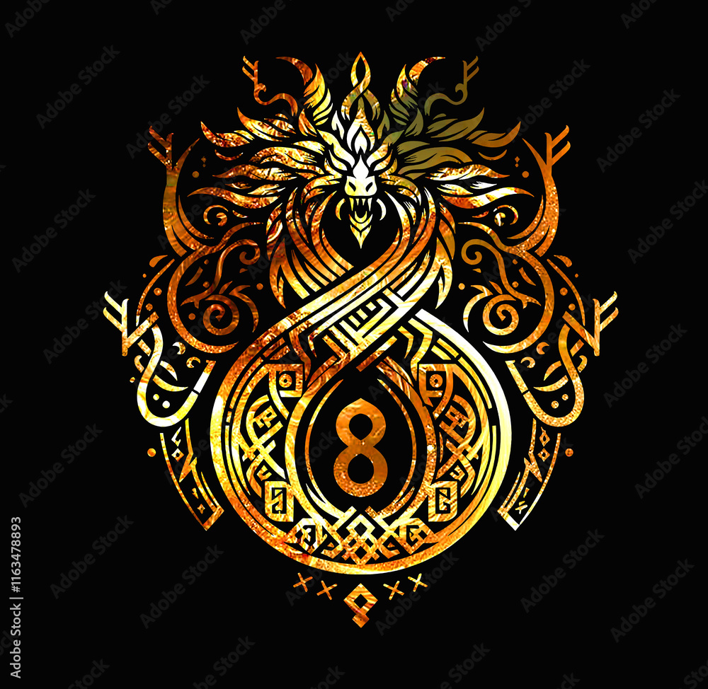 Hand-Drawn Mythical Dragon Artwork with runes Symbolism Stock ...