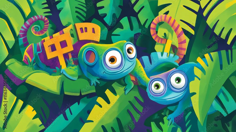 Mexican cartoon chameleons, math game worksheet, vector education maze ...