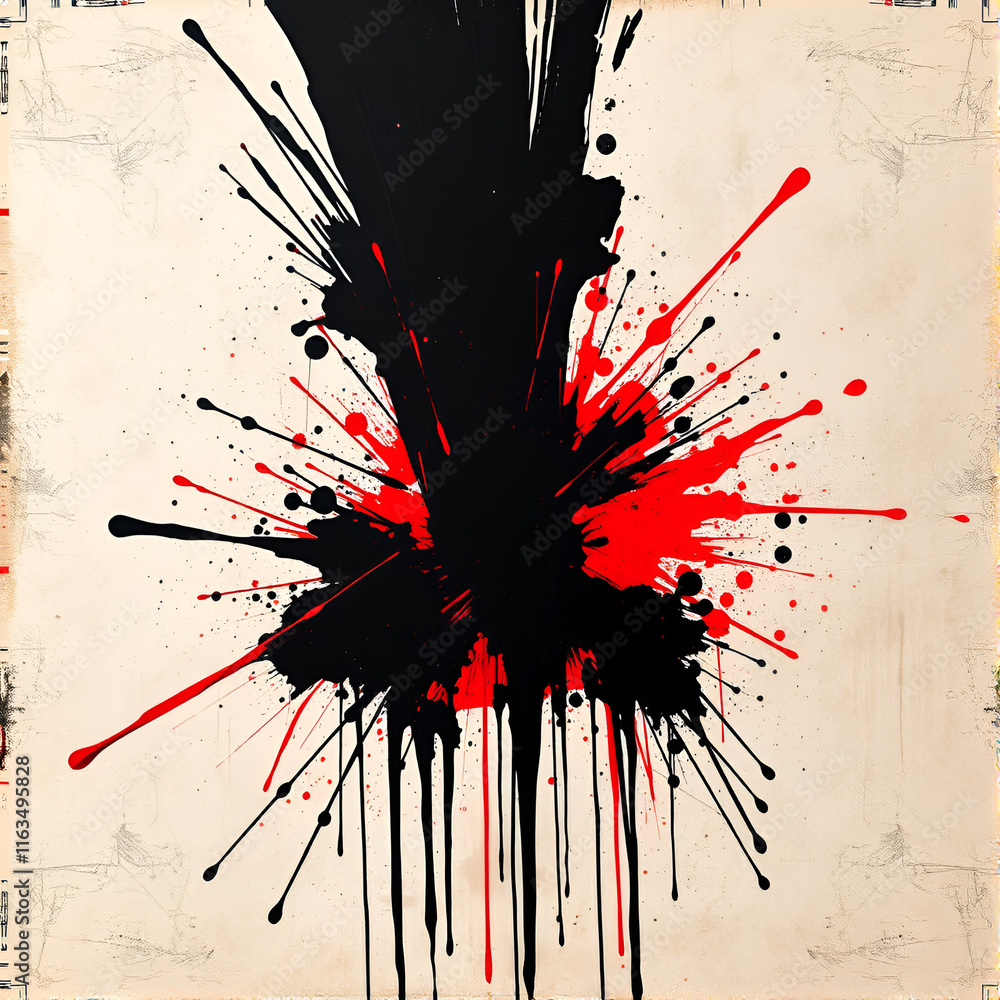 Chaotic Energy. Black and Red Paint Splash on Grunge Textured Canvas ...