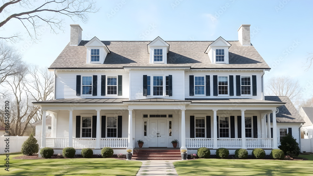 early 20th century white clapboard center entry colonial mansion with ...