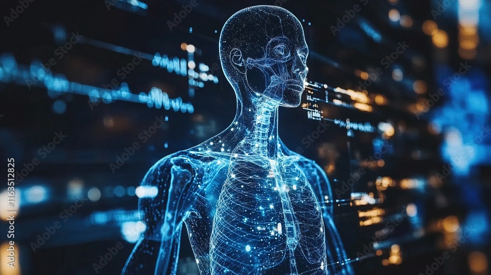 Dark background digital x-ray human body holographic scan projection ...