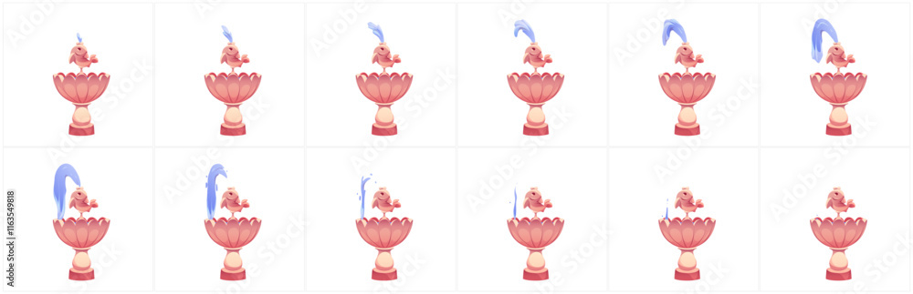 Cartoon water fountain animation frames - pink lotus shaped basin with ...