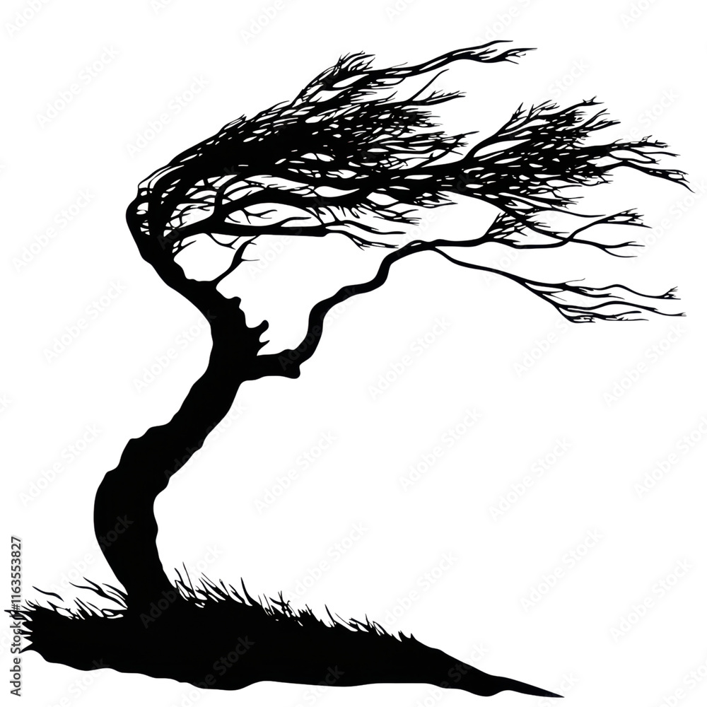 Wind-swept Tree Silhouette, dynamic form of a tree bending in the ...