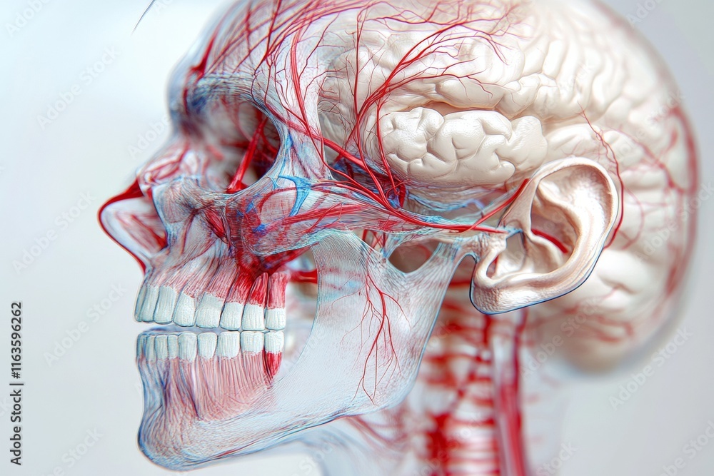 Human Head Anatomy: Detailed 3D Model of Skull, Brain, and Vascular System Stock Illustration ...