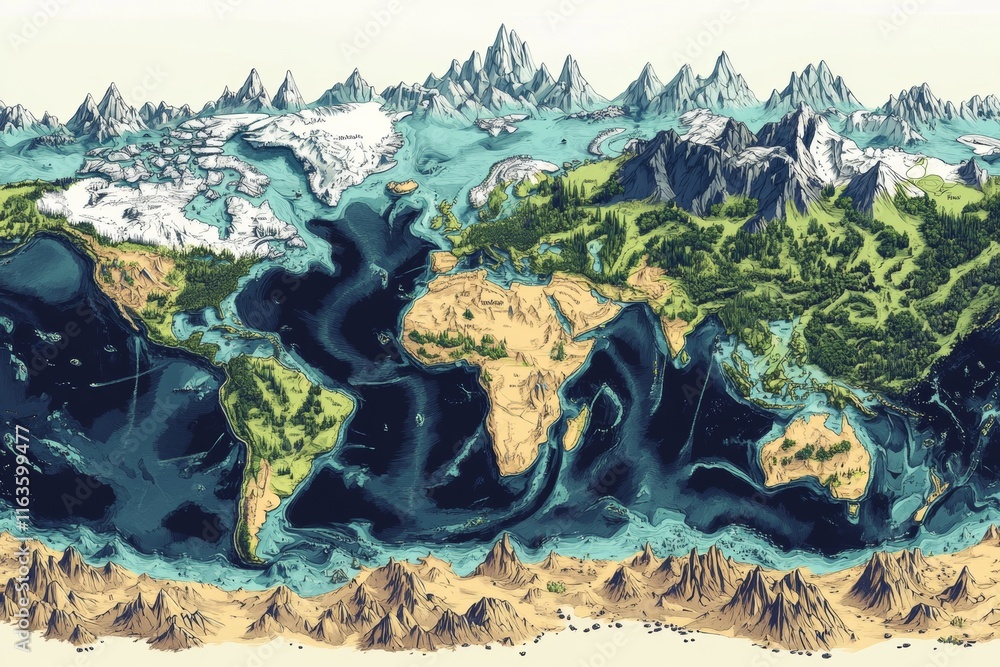 Stylized World Map: A Hand-Drawn Depiction of Earth's Topography and ...