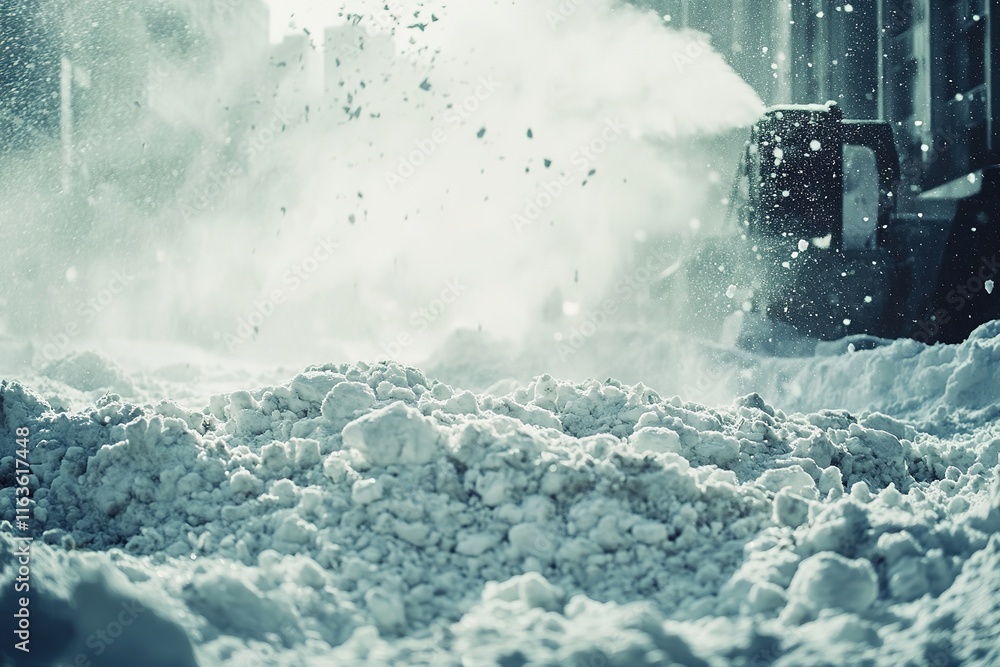 cinematic close-up of snowblower ejecting powerful stream of snow into ...