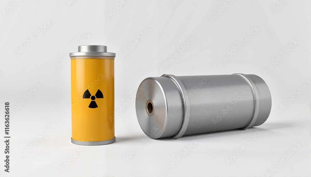 Yellow and silver batteries with radiation symbol on white background ...