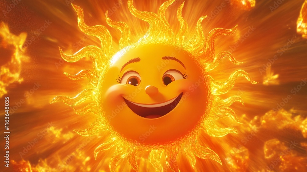 Bright and cheerful animated sun character radiating joy and warmth ...