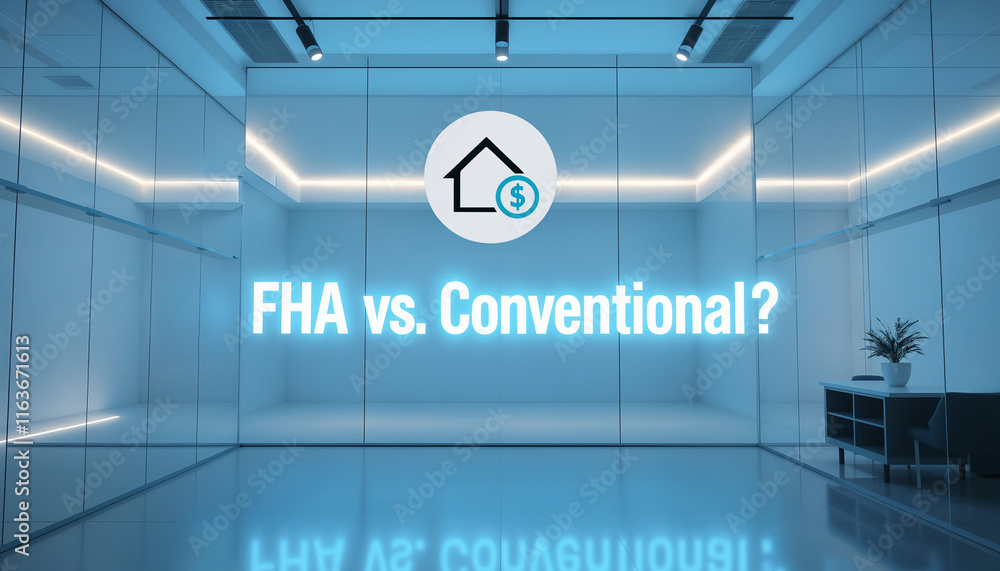 FHA vs. Conventional glowing text banner with modern financial visuals ...