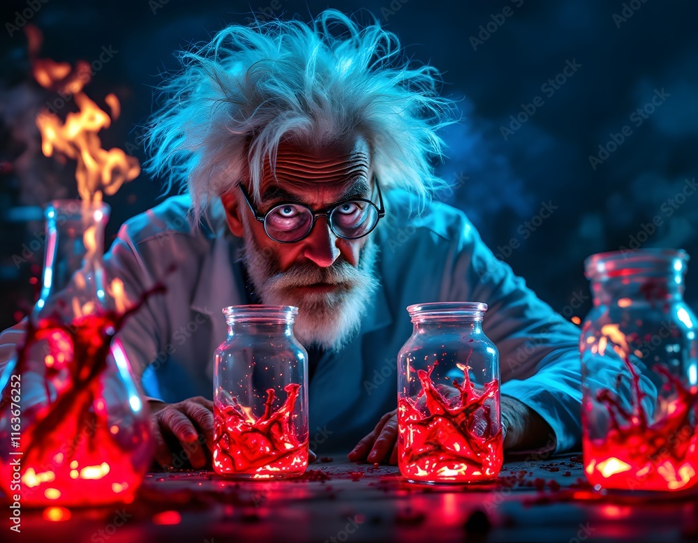 Mad Scientist: Glowing Red Concoctions in a Dramatic Lab Setting Stock ...