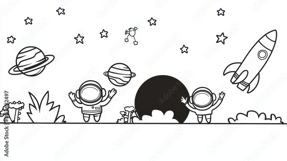 An outer space-themed coloring book page with astronauts floating in ...