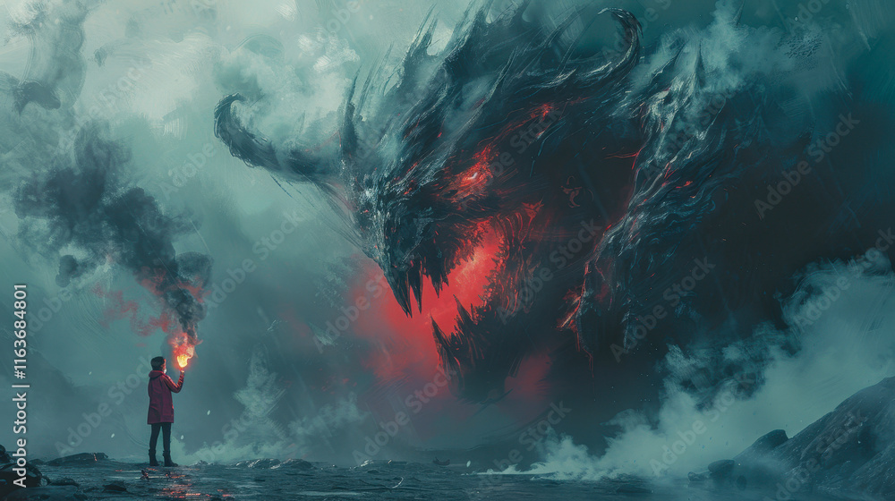 Boy with Torch Confronts Smoke Monsters with Demon Horns in Dark ...