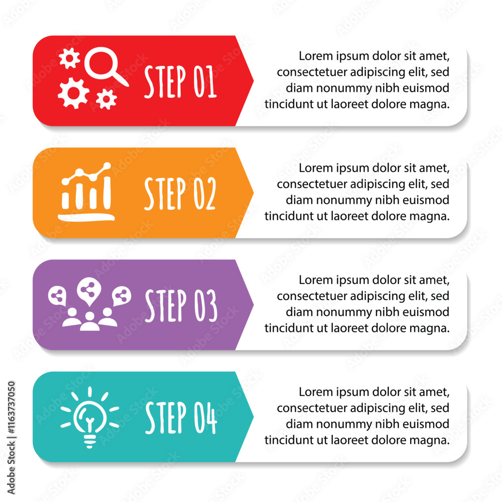 4 steps infographic template with 4 options. Flowchart that can be used for business report ...