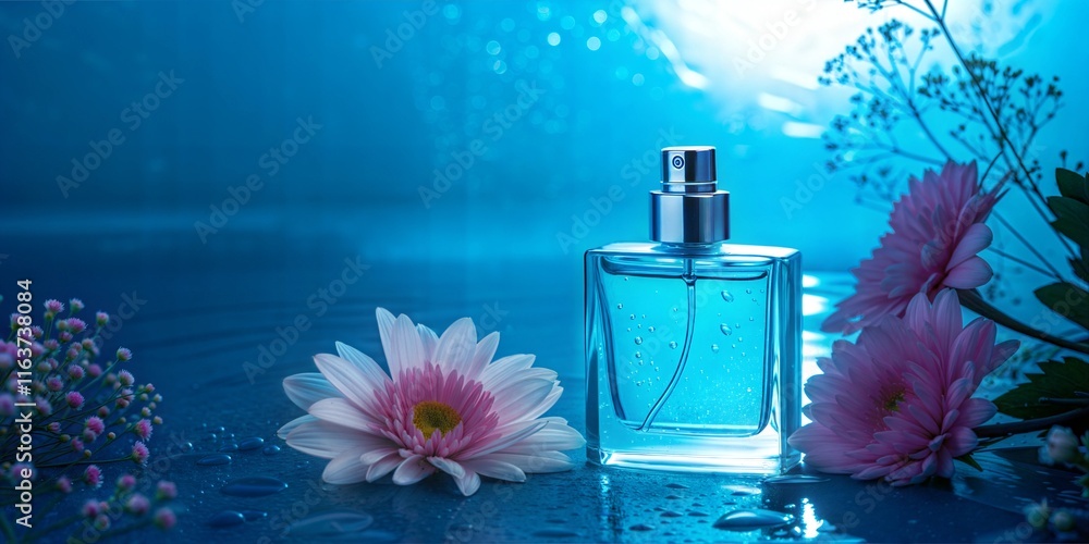 Minimal perfume bottle and flowers all over the set, top light on top ...