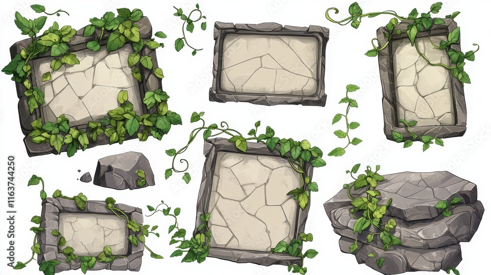 Stone game menu boards with vines. Tablets, buttons, cartoon interface ...