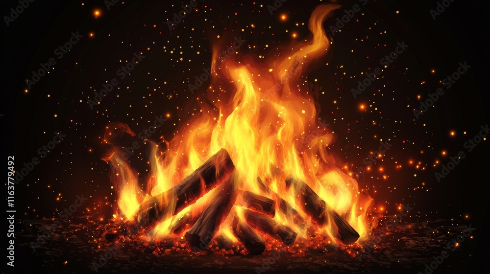 Smoke, sparks and fire particles, flying up embers and burning cinder ...