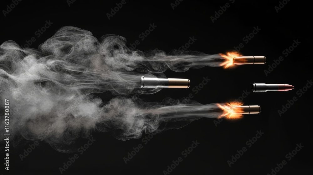 Gun flashes with smoke and fire sparkles. Pistol shots clouds, muzzle ...