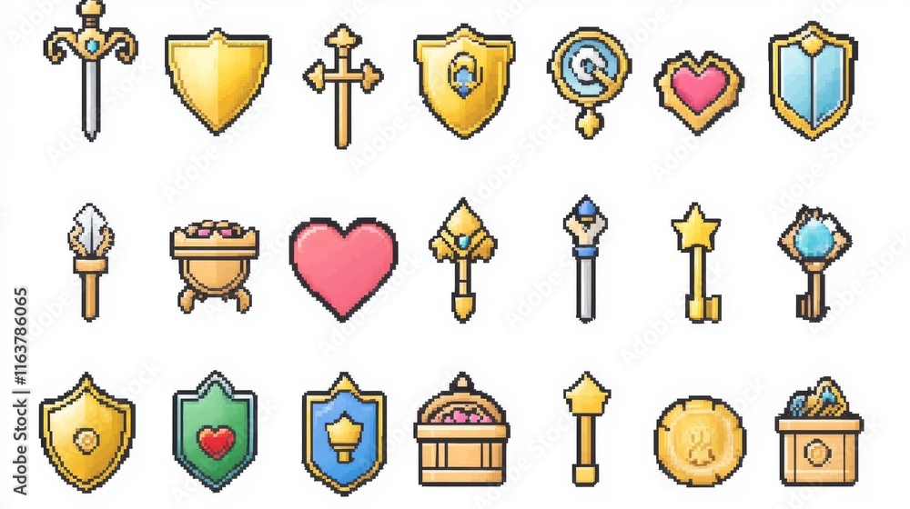 Set of game icons, shield, sword, lightning flash and heart, golden cup ...