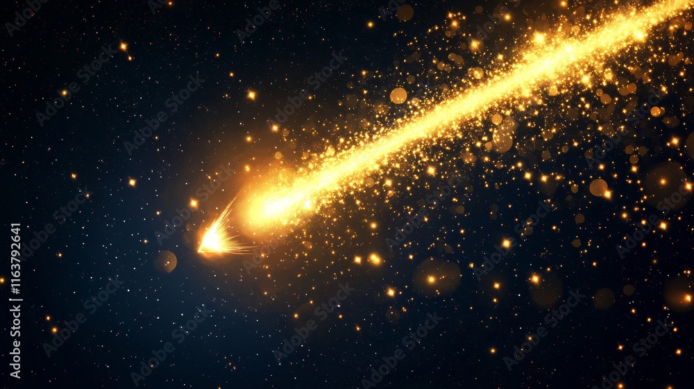 Gold star with curve trail line on dark transparent background ...