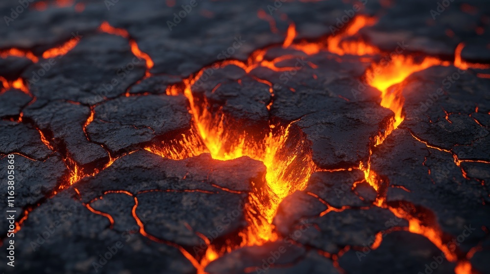 Lava in ground cracks top view, volcano magma glow texture in cracking ...