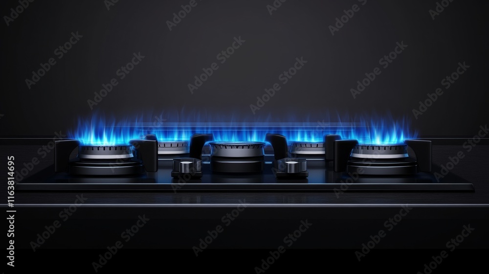Gas burner with blue flame. Glowing fire ring on kitchen stove in top ...
