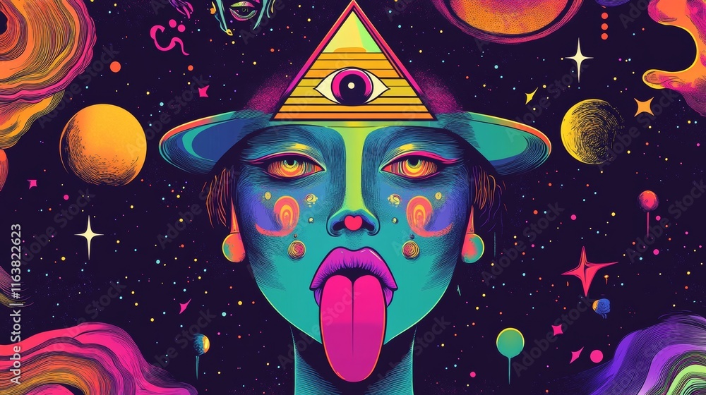 Psychedelic rave trip party banner templates set, martian head and ...