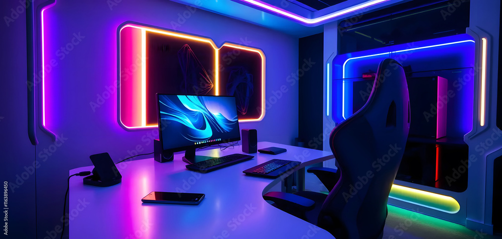 Powerful Computer Gamer Rig with First-Person Shooter Game on Screen ...