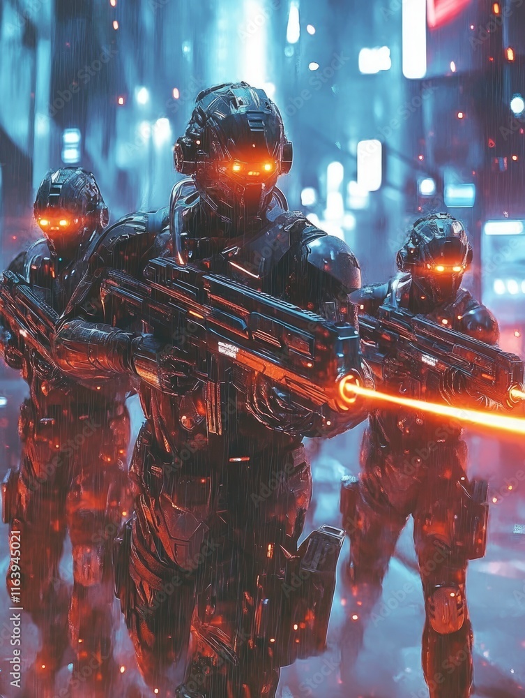 Robotic swat soldiers on a future city background. Robotic swat soldier ...