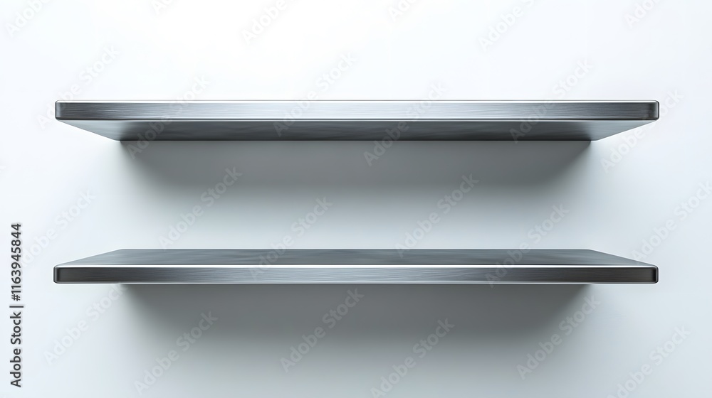 Brushed stainless steel floating shelves with a minimalist industrial ...