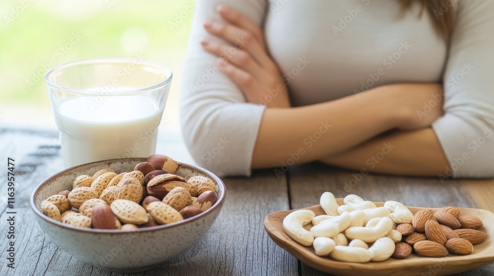 Unhealthy woman suffering from milk allergy symptoms, including ...